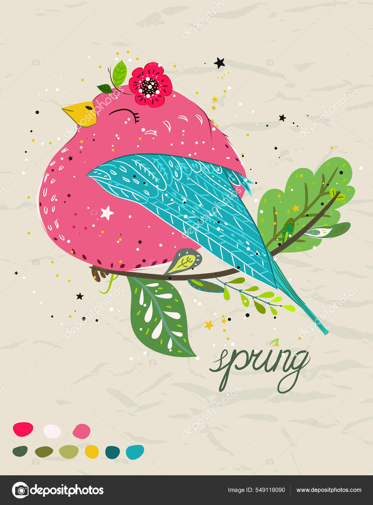 Spring poster with cute cartoon bird in a colorful palette. Vector ...