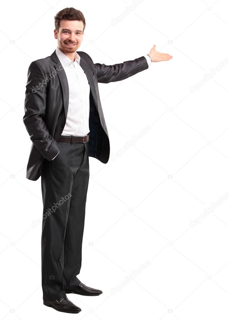 Happy business man presenting and showing with copy space for your text ...