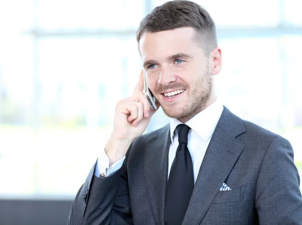 A young handsome business man on phone at office building - Stock Image ...