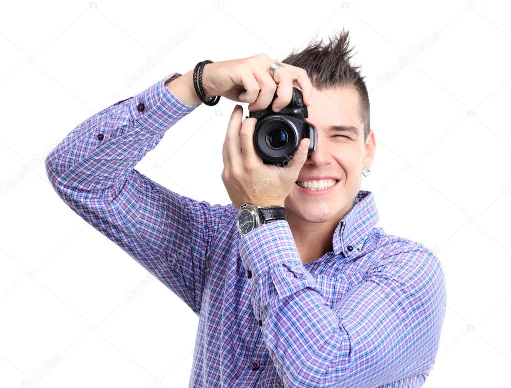 Young man with camera. Isolated over white background — Stock Photo ...