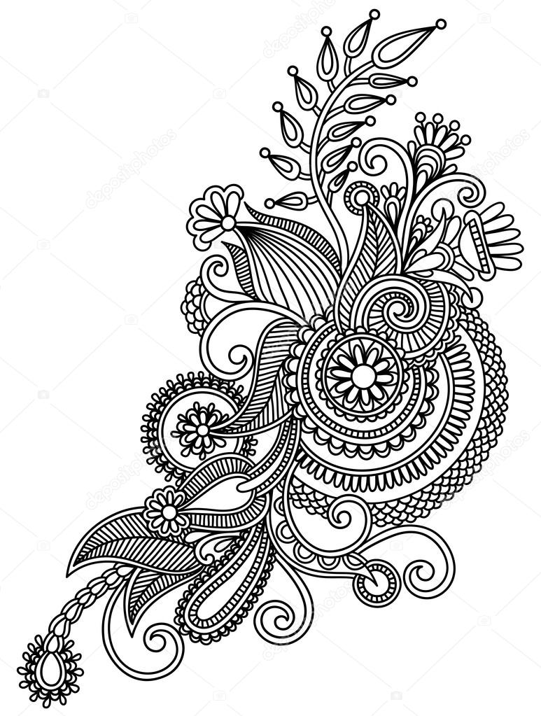 Original hand draw line art ornate flower design. Ukrainian trad Stock ...