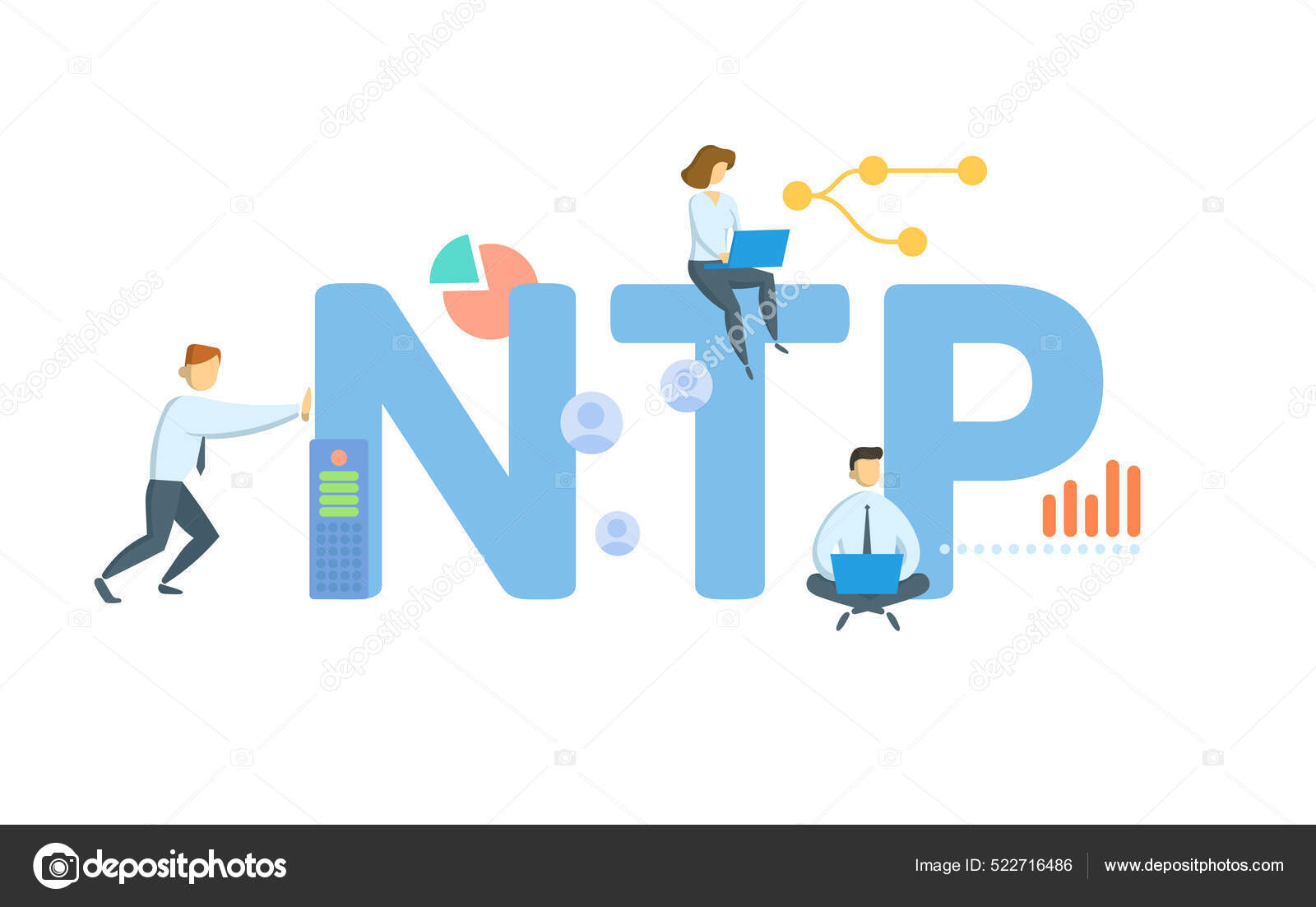 NTP, Network Time Protocol. Concept with keyword, people and icons ...