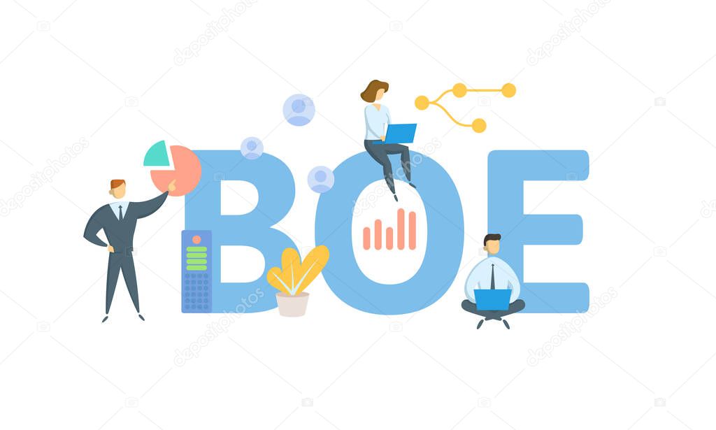 BOE, Base de estimación. Concepto con palabras clave, personas e iconos ...