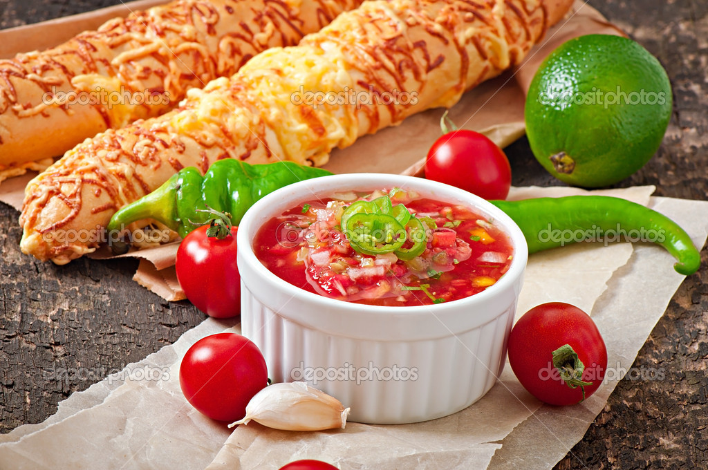 Salsa dip and bread Stock Photo by ©timolina 50482117