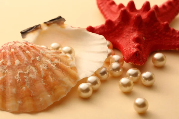 Scattering white pearls in seashell and seastar — Stock Photo © Garsya ...