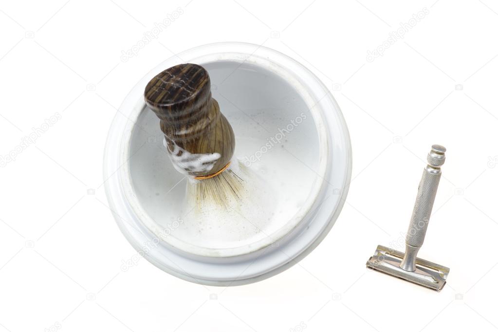 Safety razor with shaving cream isolated — Stock Photo © marcovarro ...