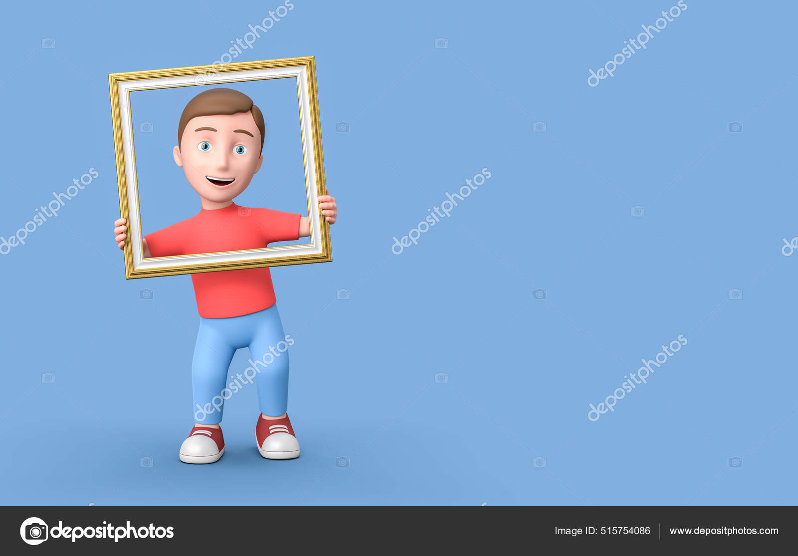 3D Cartoon Character into a Picture Frame on Blue Background with Copy ...