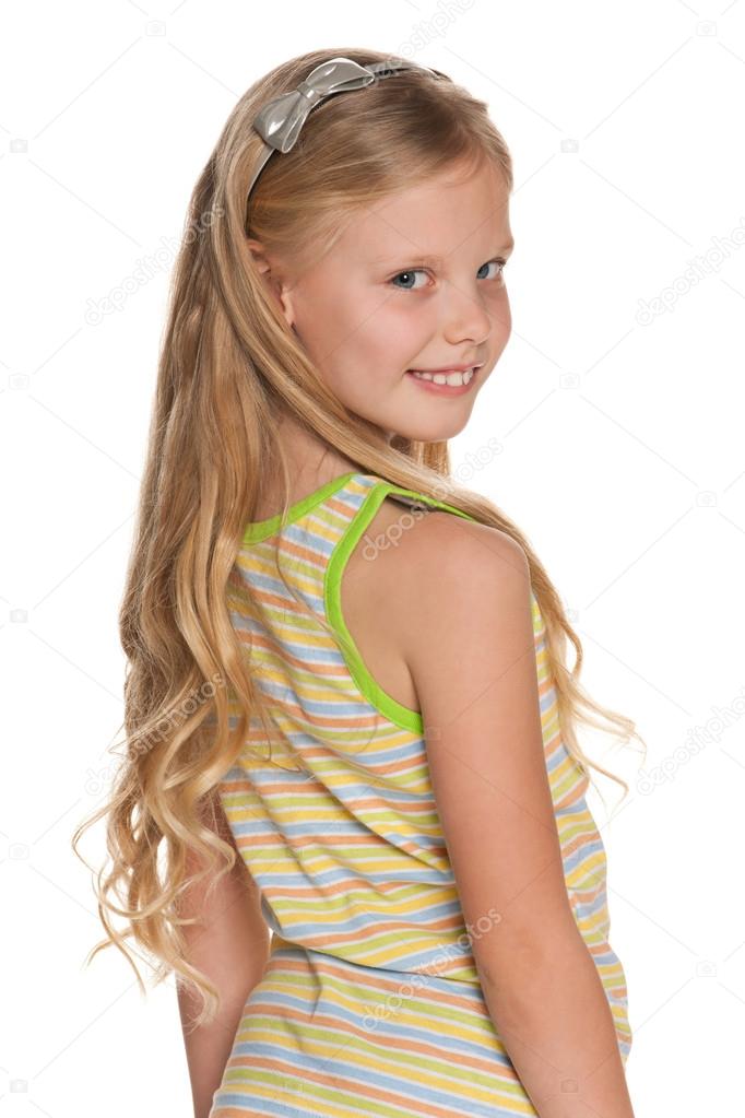 Cheerful blonde girl looks back — Stock Photo © SergiyN #22176013 Cheerful blonde girl looks back — Stock Photo © SergiyN #22176013