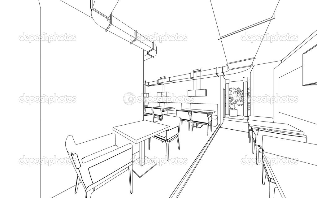 Draft design of the restaurant. 3D graphic design interior Stock Photo ...