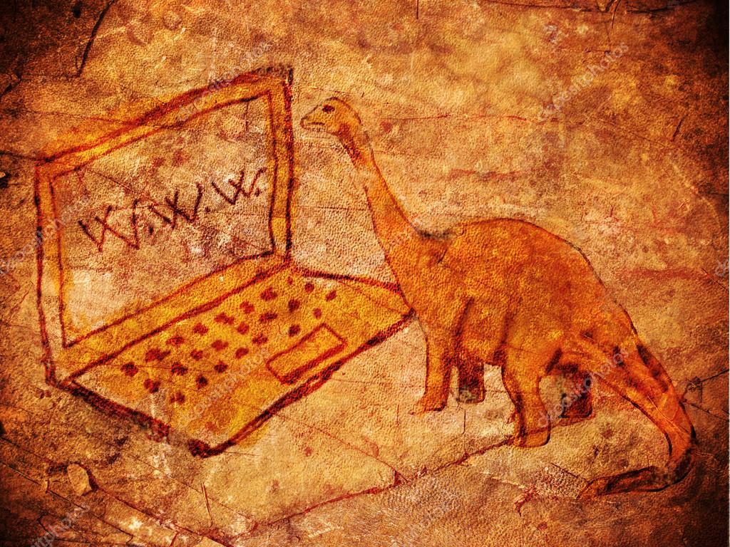 Prehistoric petroglyph with computer and dinosaur — Stock Photo ...