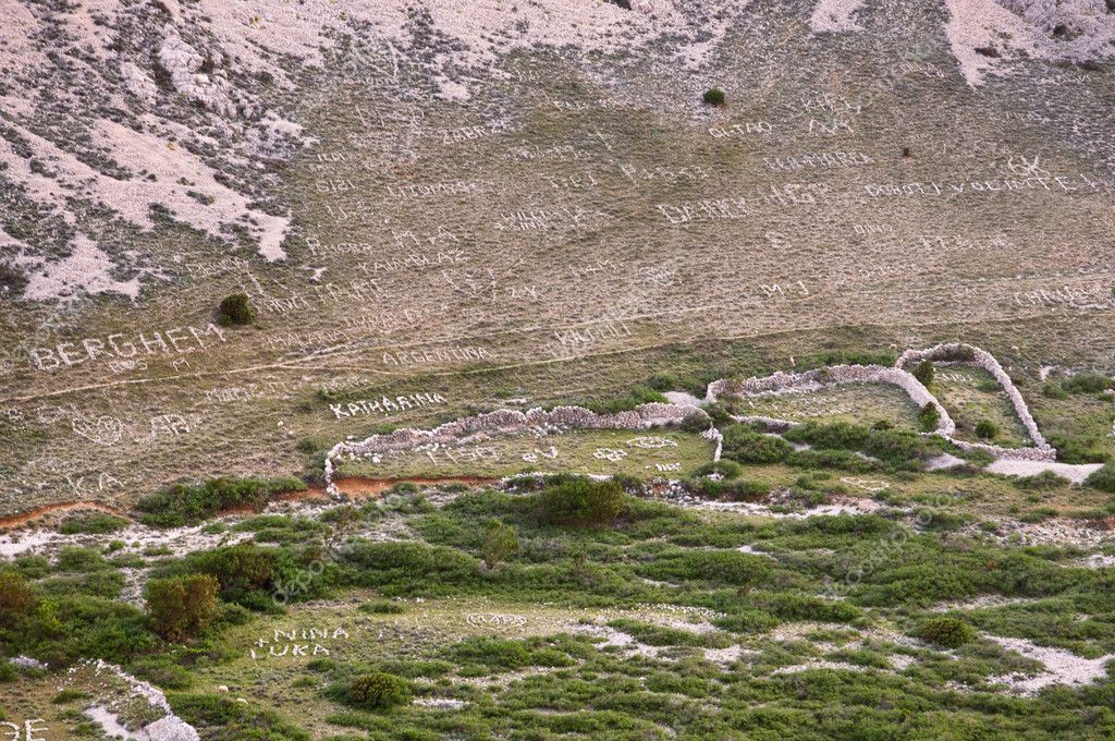Road to Stara Baska - Stone writings on the mountains close up ...