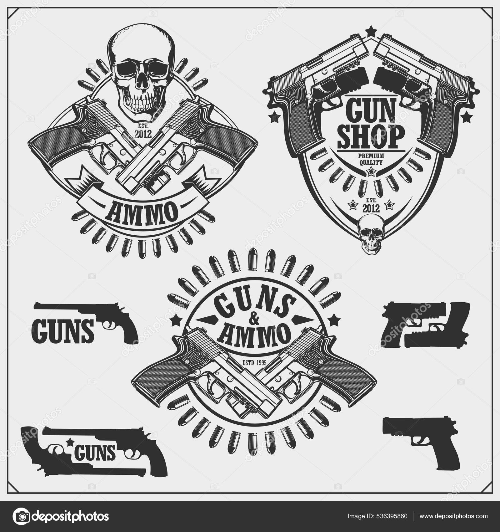 Collection Gun Emblems Labels Design Elements Revolvers Ammo Bullets ...