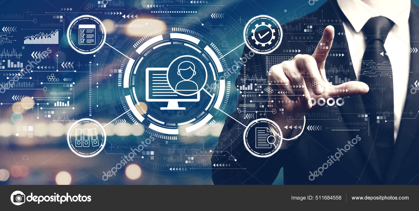 Document management system concept with a man on city background ...