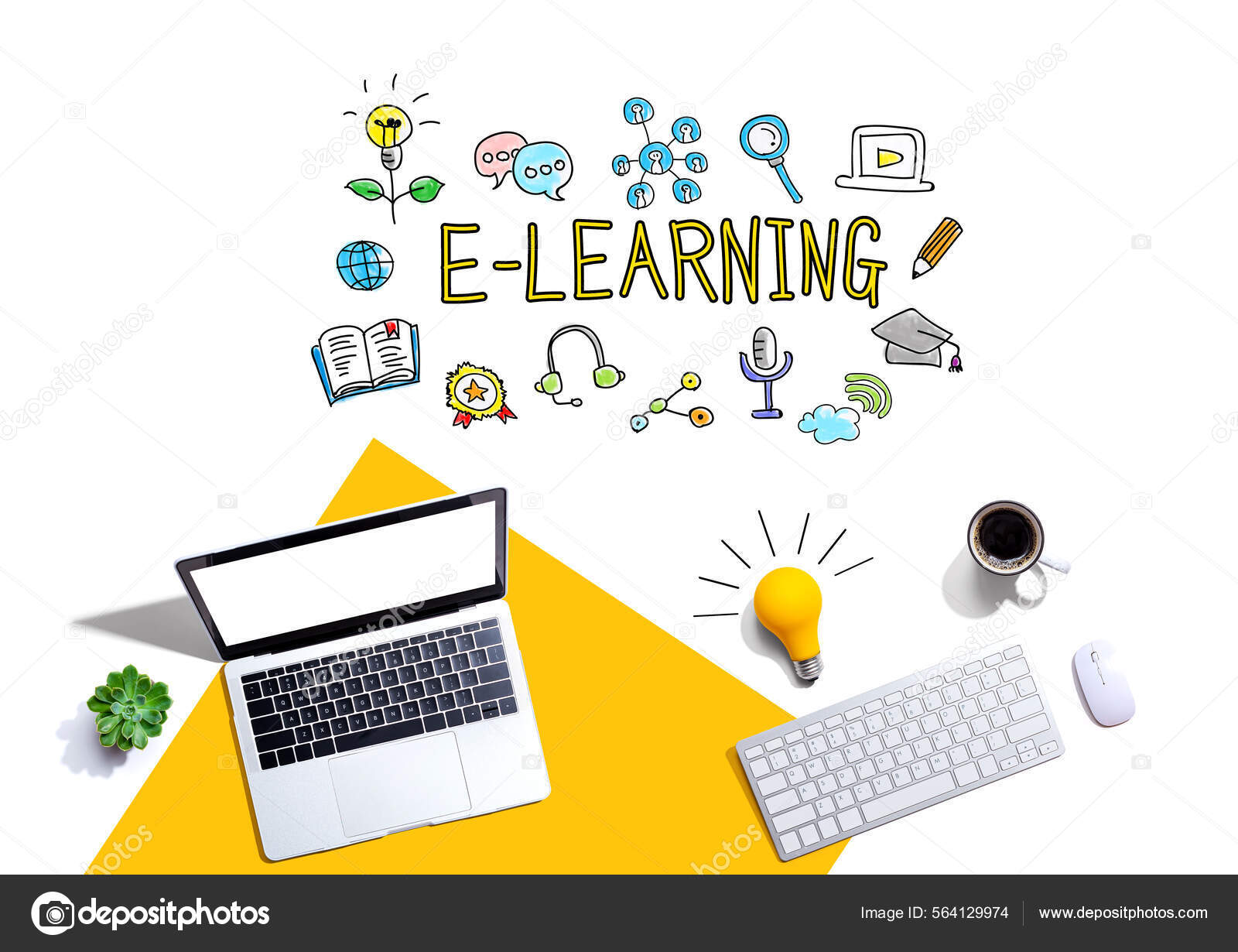 E-Learning theme with computers and a lightbulb — Stock Photo ...