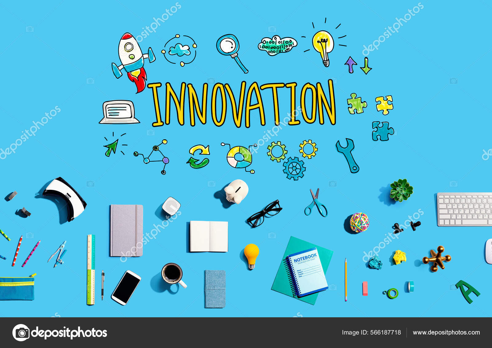 Innovation theme with electronic gadgets and office supplies Stock ...