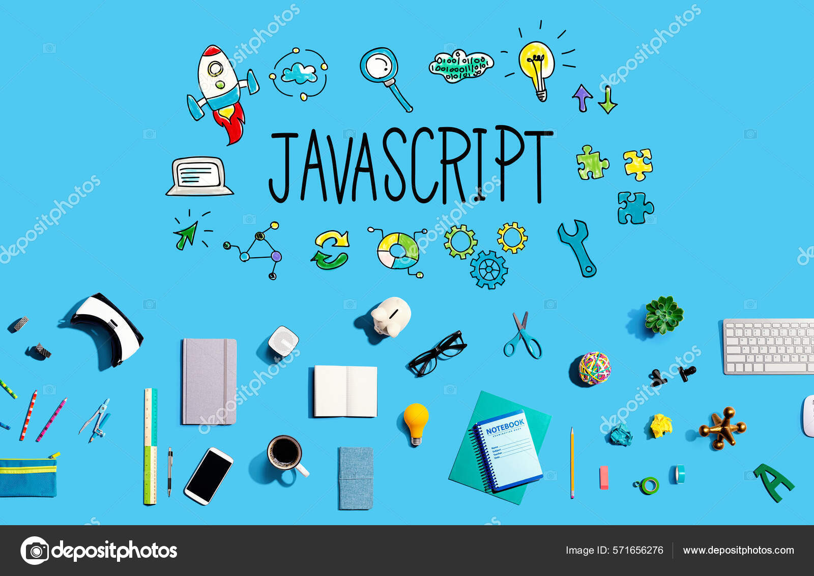 Java Script theme with electronic gadgets and office supplies Stock ...
