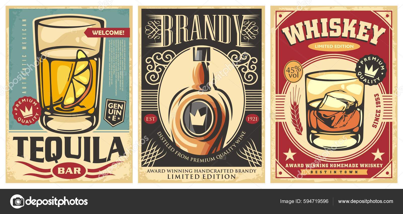 Set Alcohol Drinks Posters Whiskey Tequila Brandy Retro Flyers Design ...