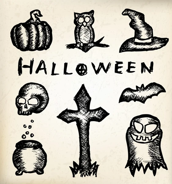 Halloween hand drawing black white graphic set icon, drawn Hallo ...
