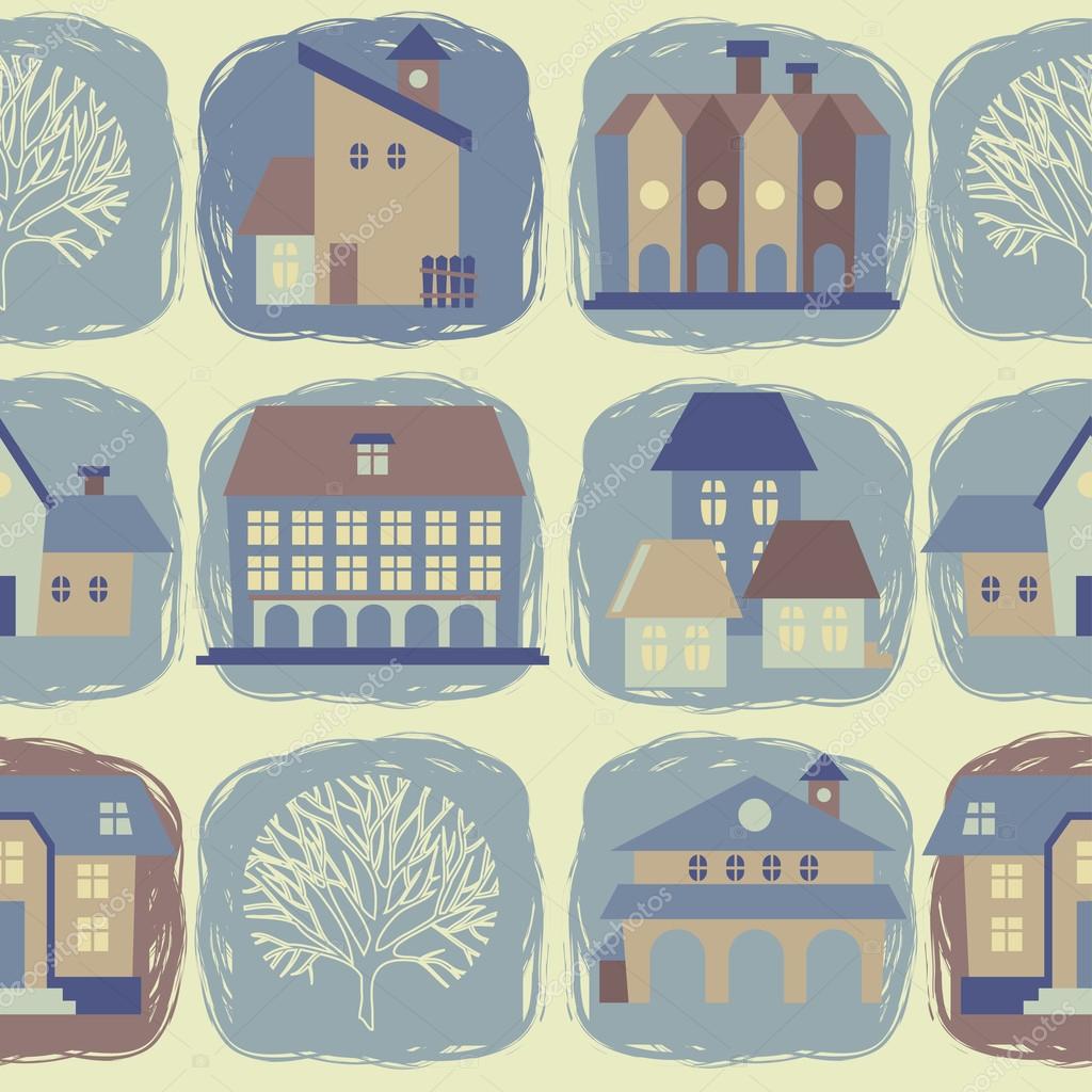 Patr n sin costura con casas, rboles y elementos dibujados a mano, ilustraci n vectorial 2024