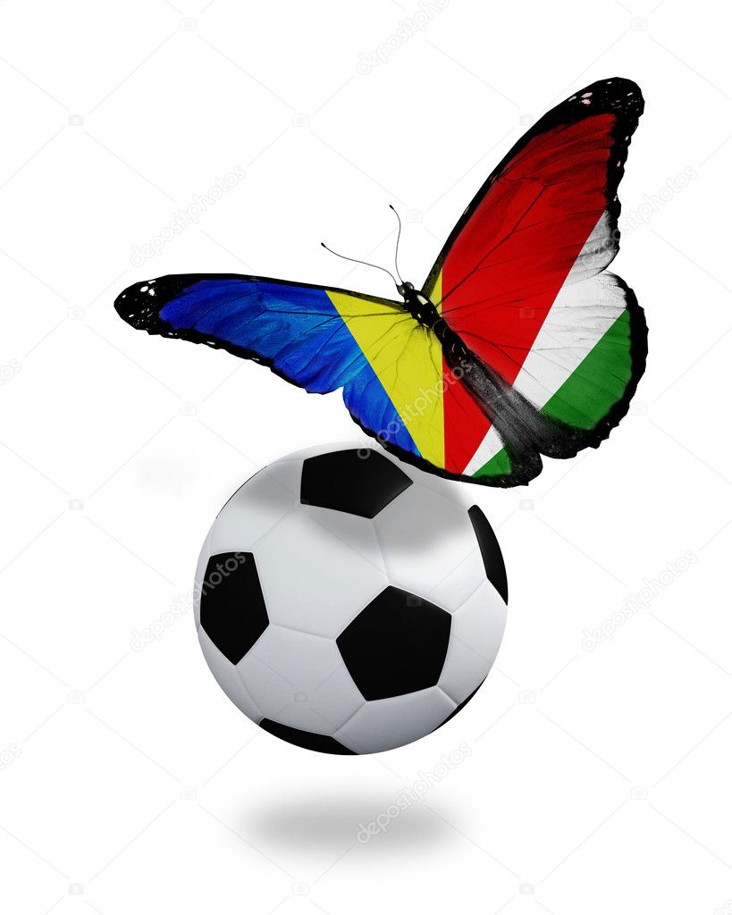 Concept - butterfly with Seychellois flag flying near the ball, — Stock ...