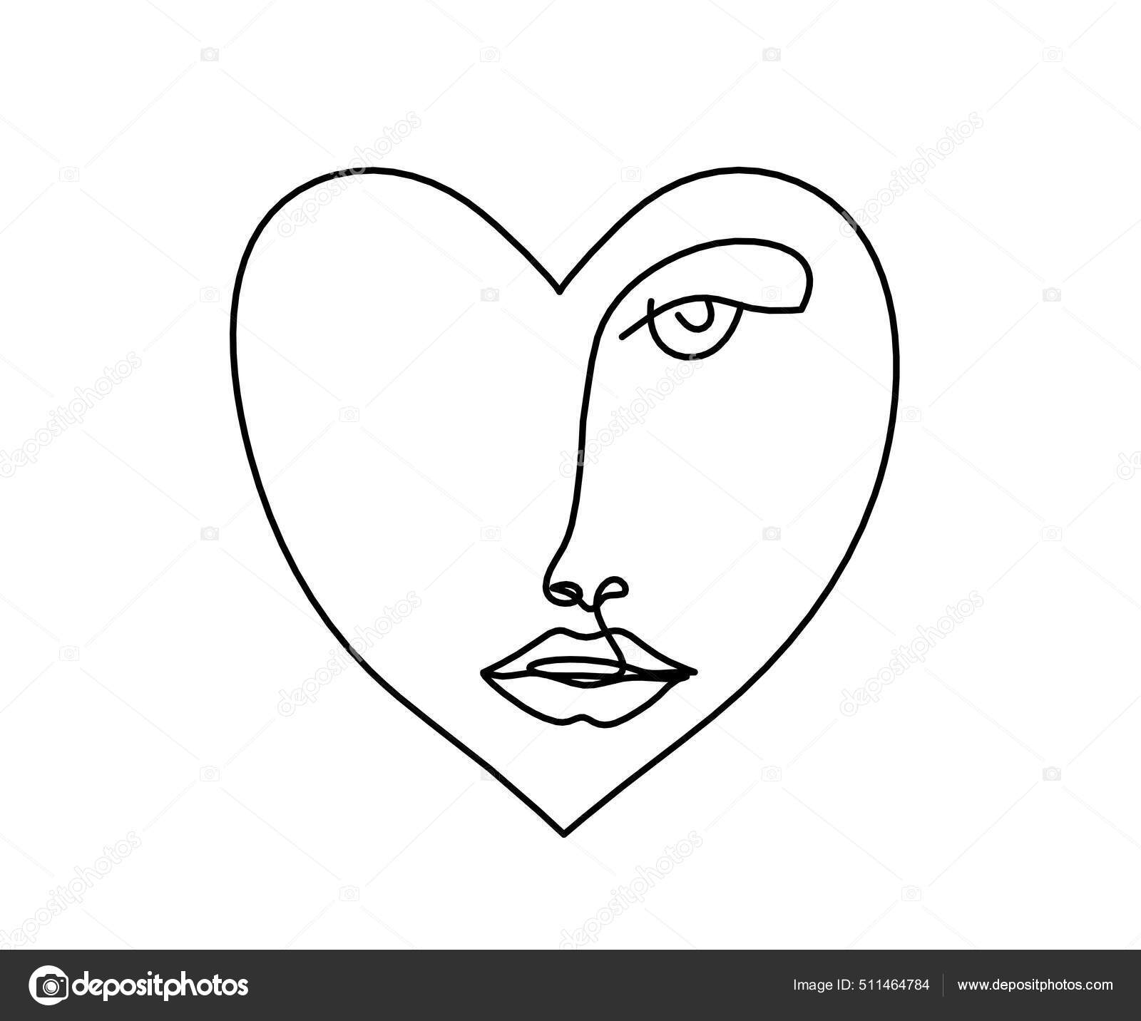 Woman Silhouette Face Shape Heart Line Drawing Picture White Stock ...