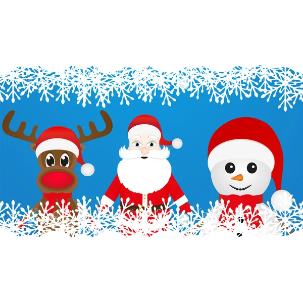 Santa reindeer and snowman behind christmas tree — Stock Vector ...