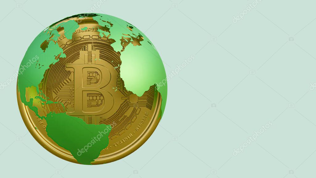 Ilustración en 3D de un bitcoin dorado dentro de un globo verde ...
