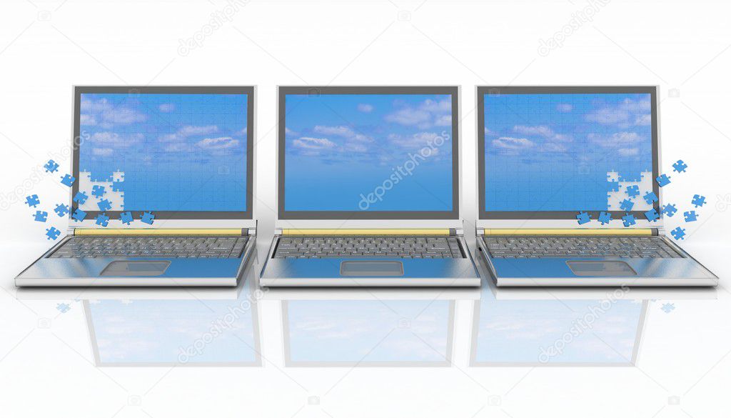 Three laptops with a screen from puzzle Stock Photo by ©3DDock 12669949