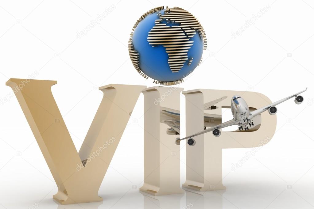 Golden word VIP with planet Earth and flying airplane on a white ...