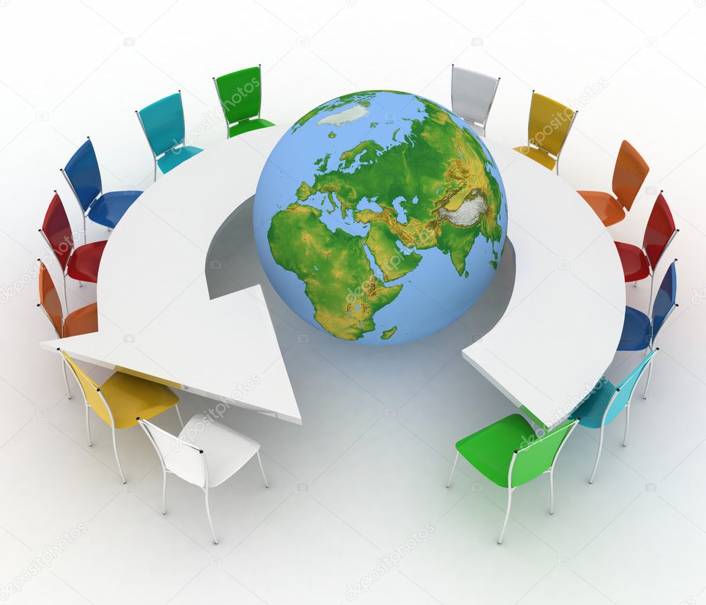 Conference table as an arrow with globe. Concept of global politics ...