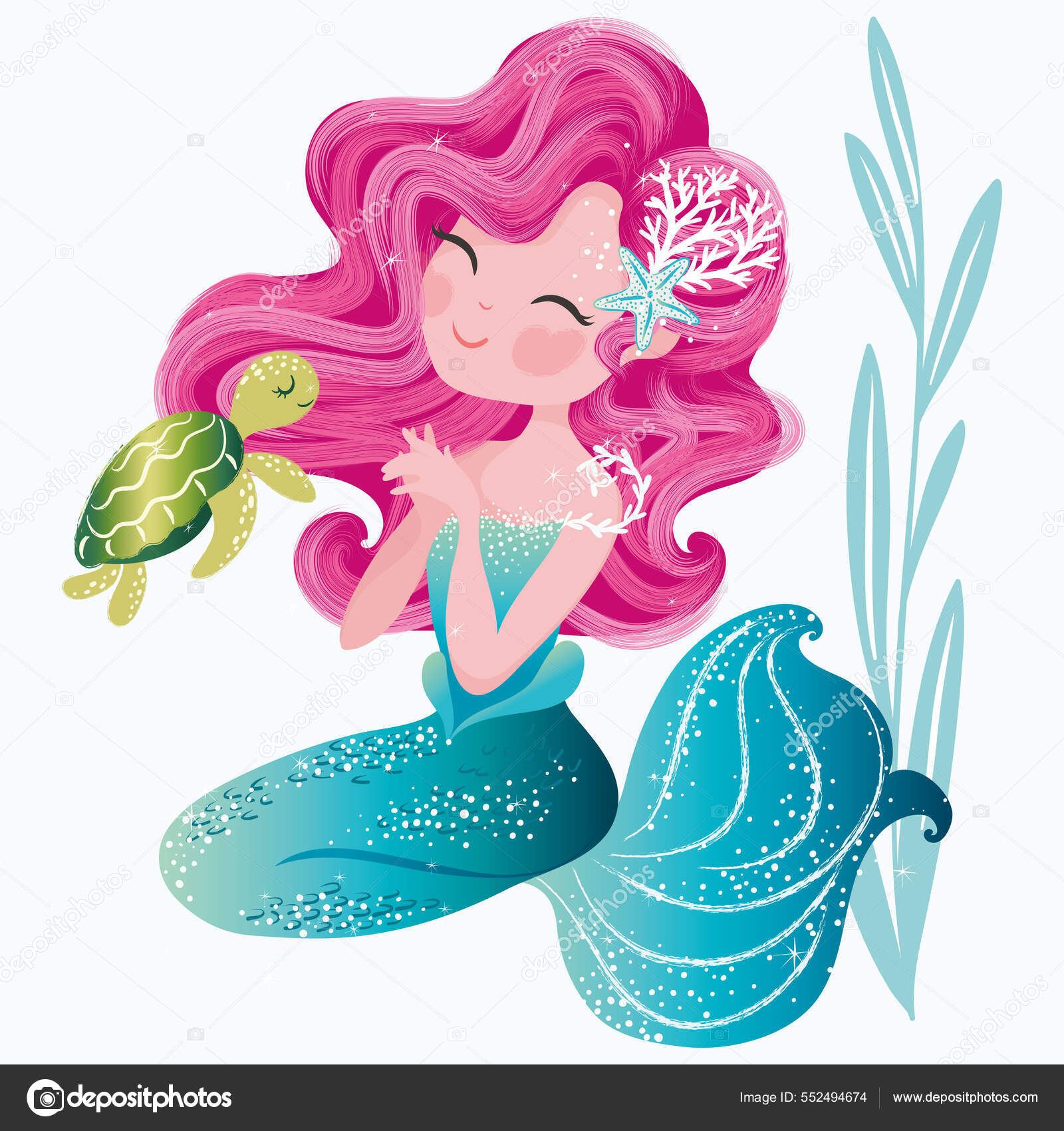 Linda Sirena Con Pelo Rosa Tortuga Ilustración Vectorial Vector de ...