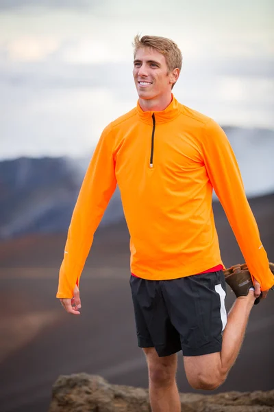 Male runner silhouette, running into sunset — Stock Photo ...