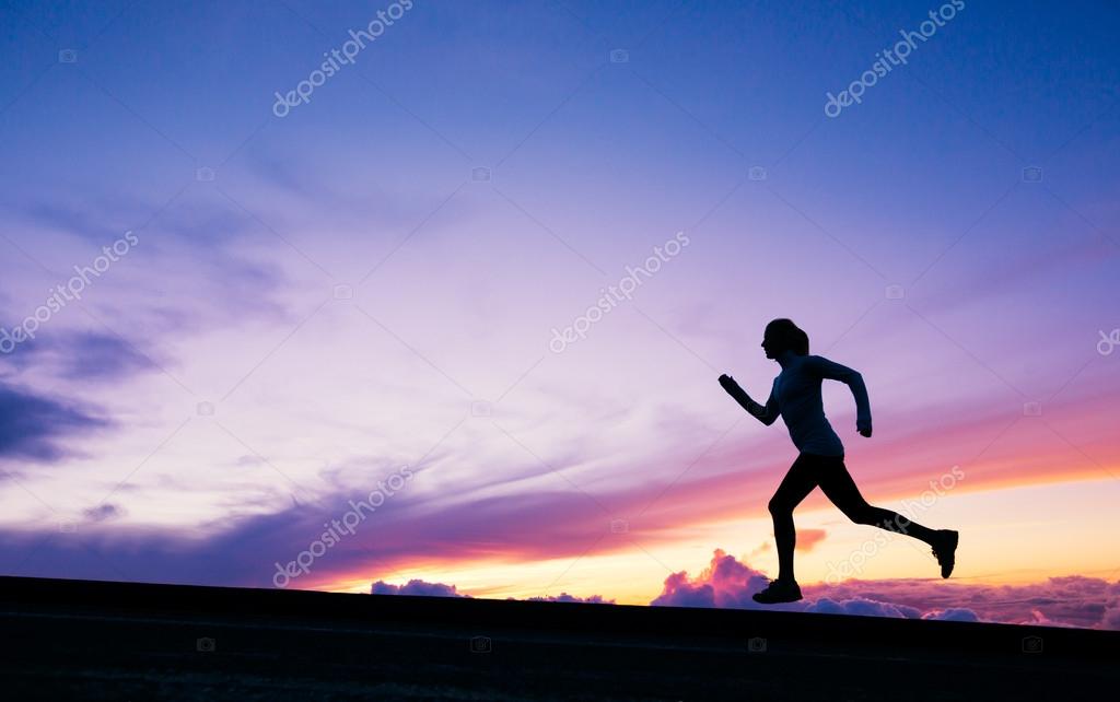 Female runner silhouette, running into sunset Stock Photo by ...