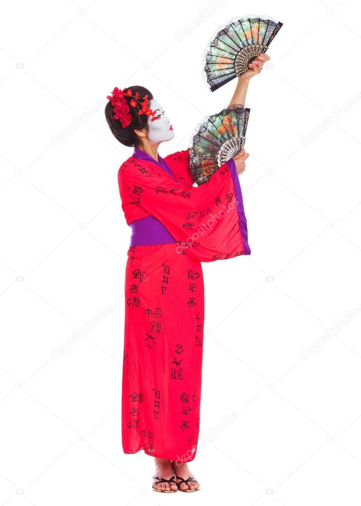 Full length portrait of geisha dancing with fans isolated on whi Stock ...