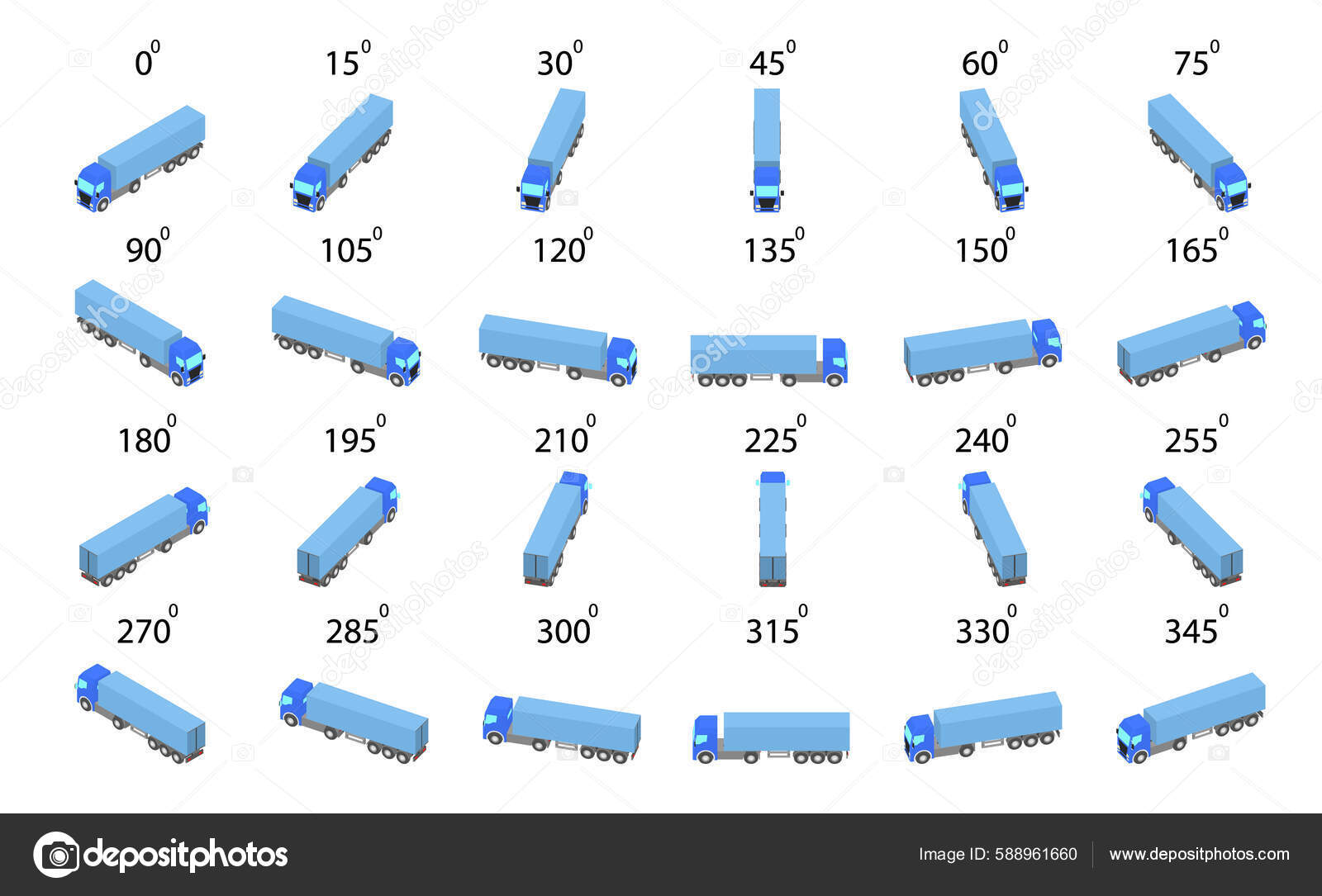 Set Semi Trailer Trucks Different Angles Rotation Truck Degrees ...
