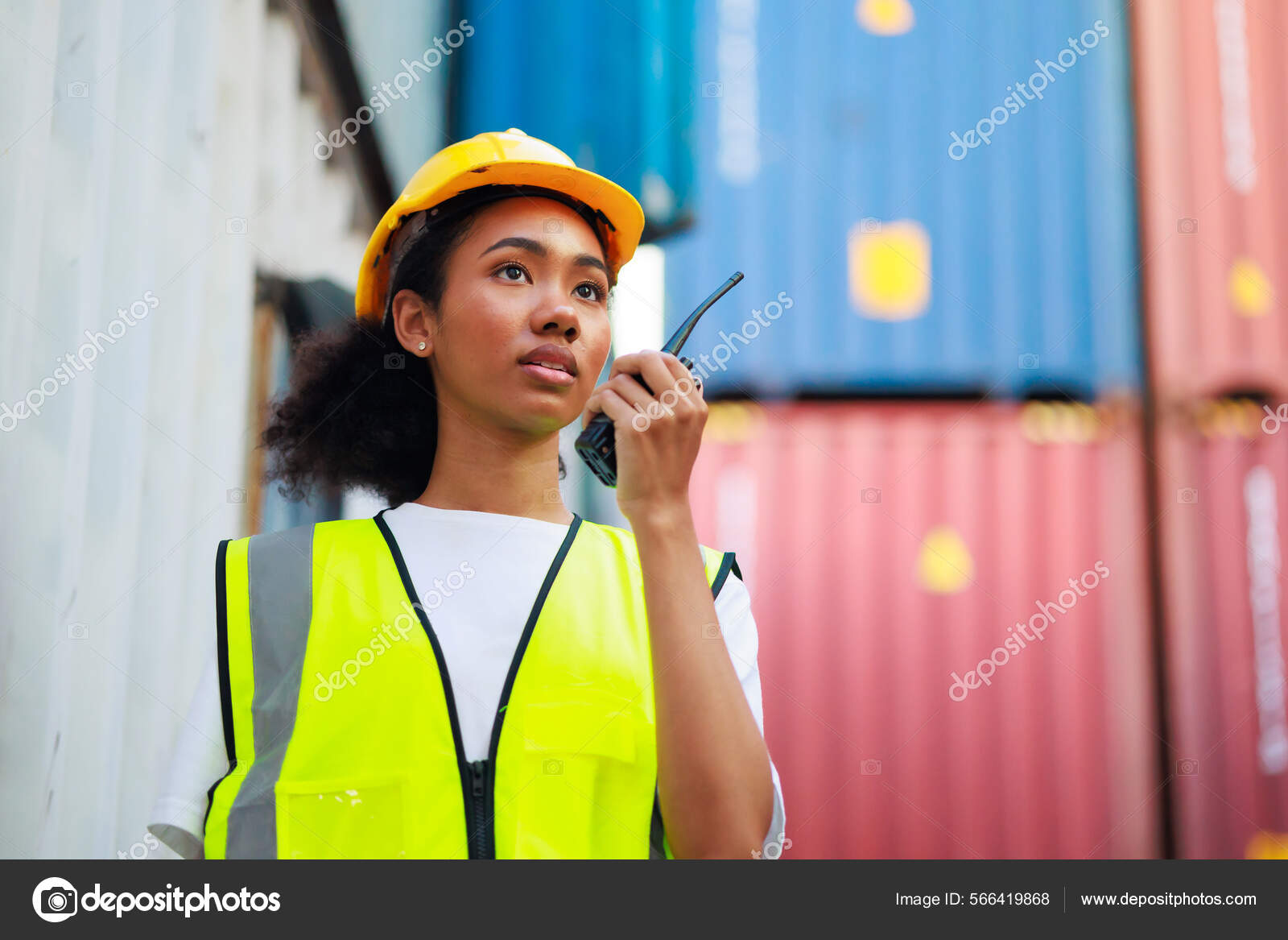 Black Female Dock Worker Control Loading Containers Box Cargo Warehouse ...