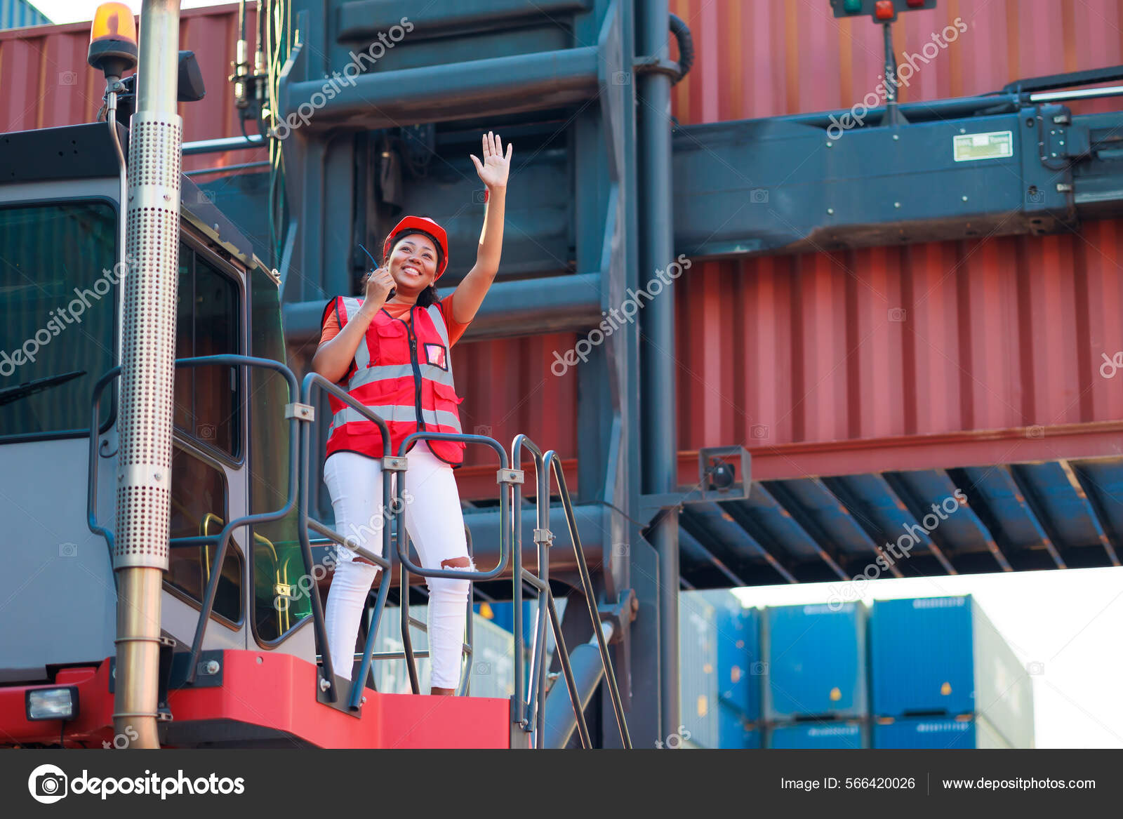 Black Female Dock Worker Control Loading Containers Box Cargo Warehouse ...