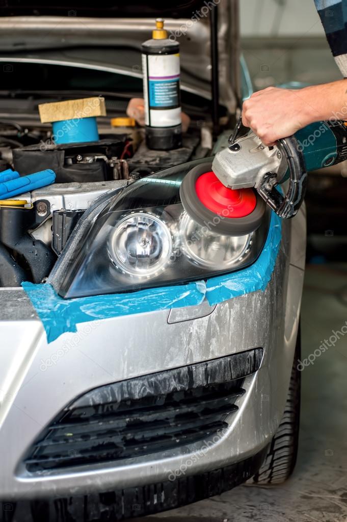 Car Care with Car headlight cleaning with power buffer machine at ...
