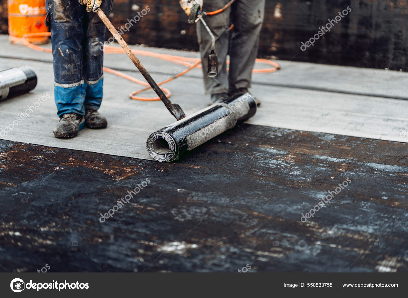 Construction Workers Roofers Installing Rolls Bituminous Waterproofing ...