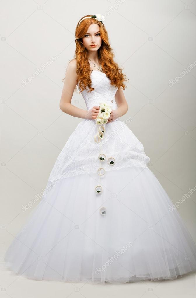 Tenderness. Redhaired Exquisite Bride in White Bridal Dress. Wedding ...
