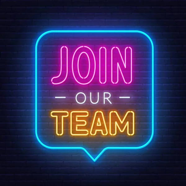 Neon sign we are hiring - join us on the brick wall background. Light ...