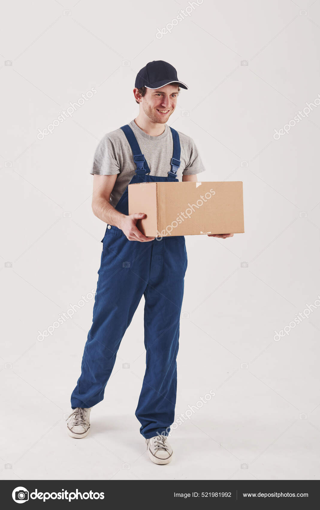 Walking Front Him Guy Box Hands Stands White Background Studio — Stock ...