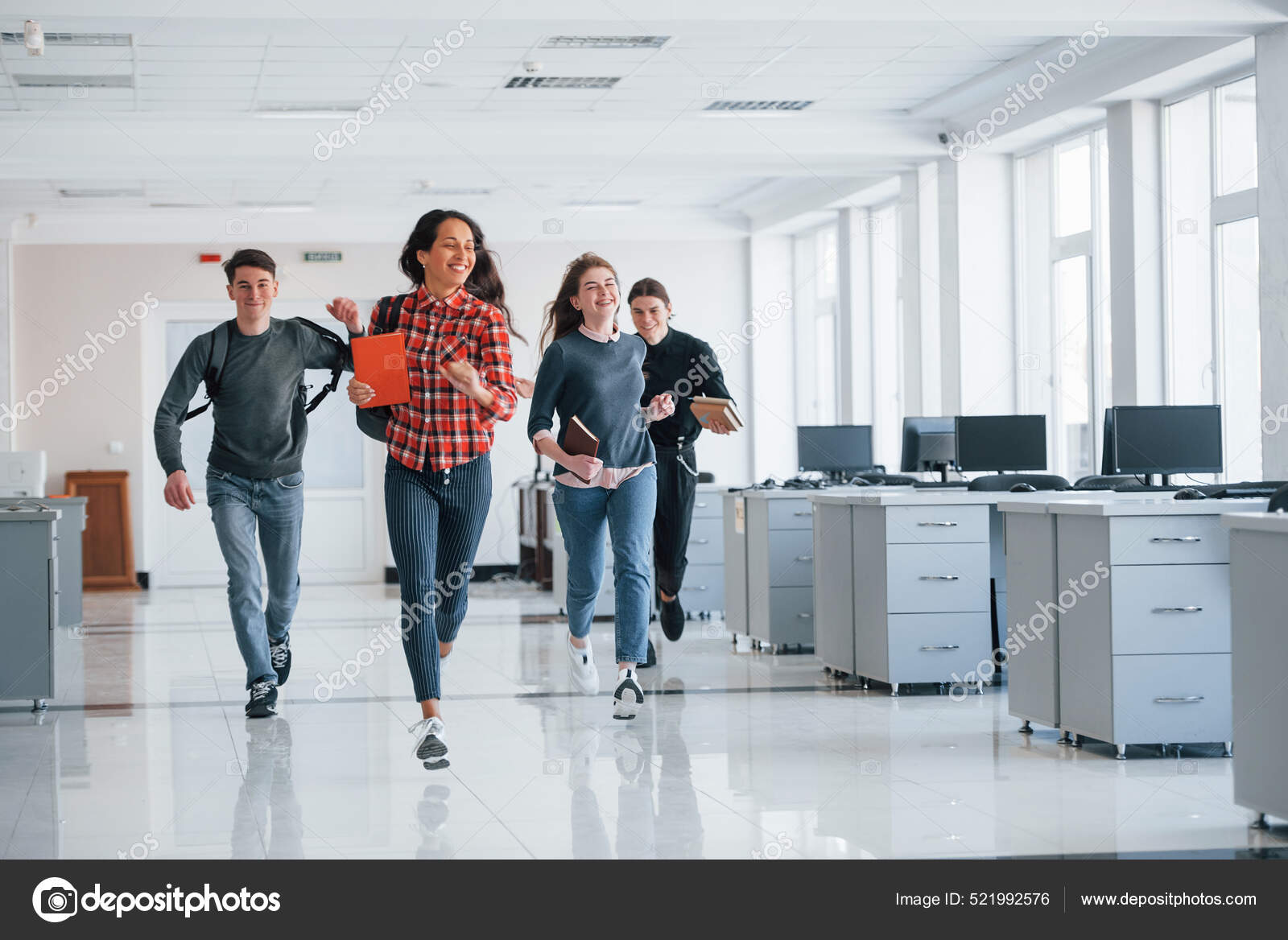 Running Forward Group Young People Walking Office Break Time Stock ...