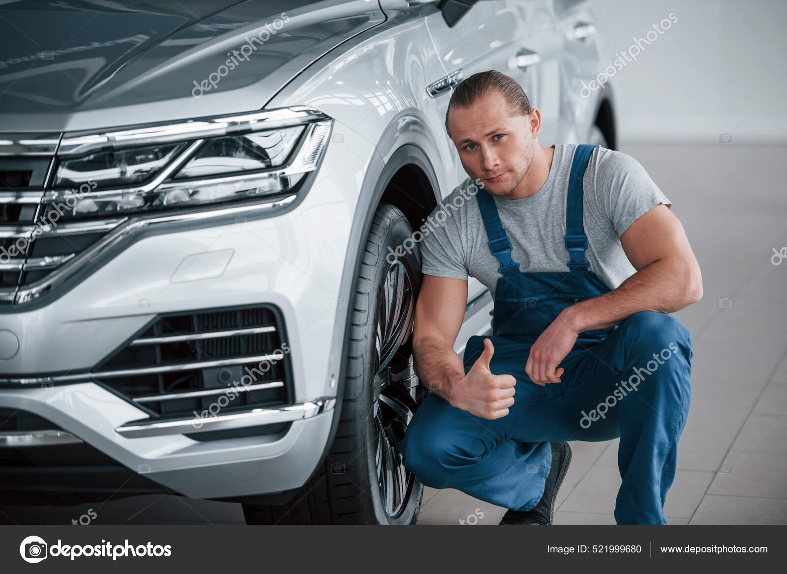 Sitting Front Wheel Professional Repairing Man Looking Perfectly ...