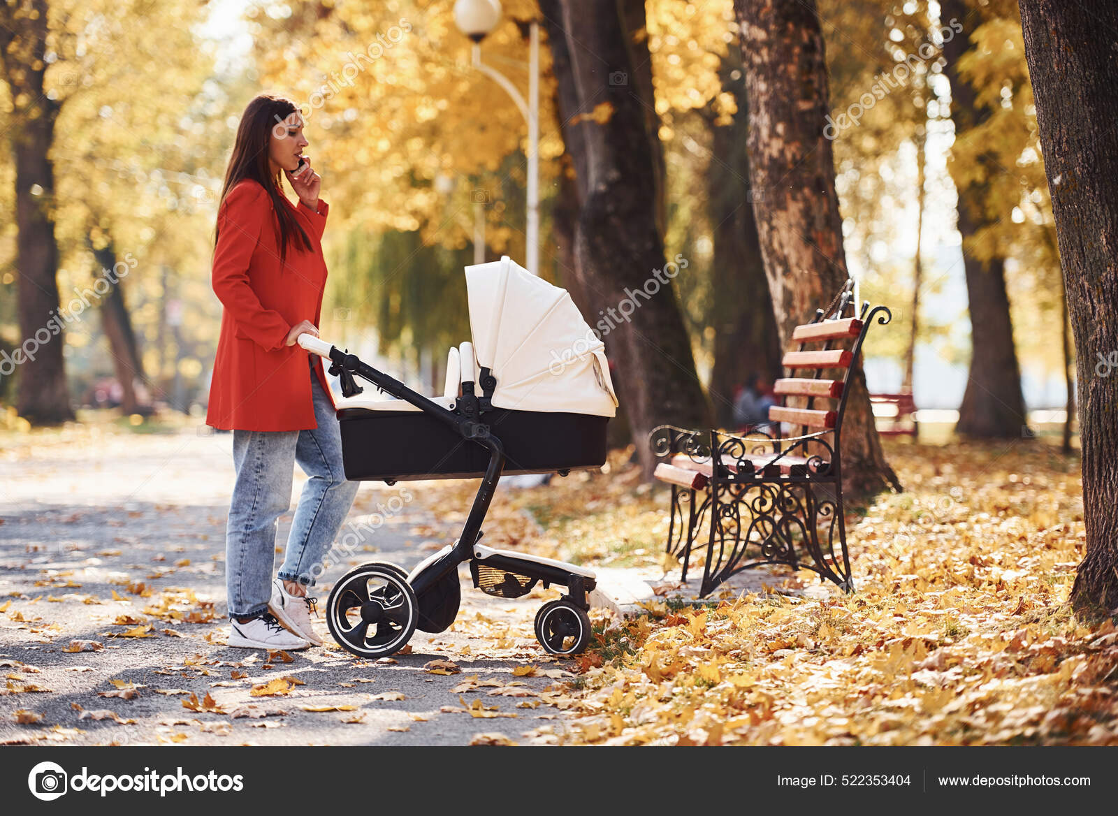 Talking Phone Mother Red Coat Have Walk Her Kid Pram — Stock Photo ...