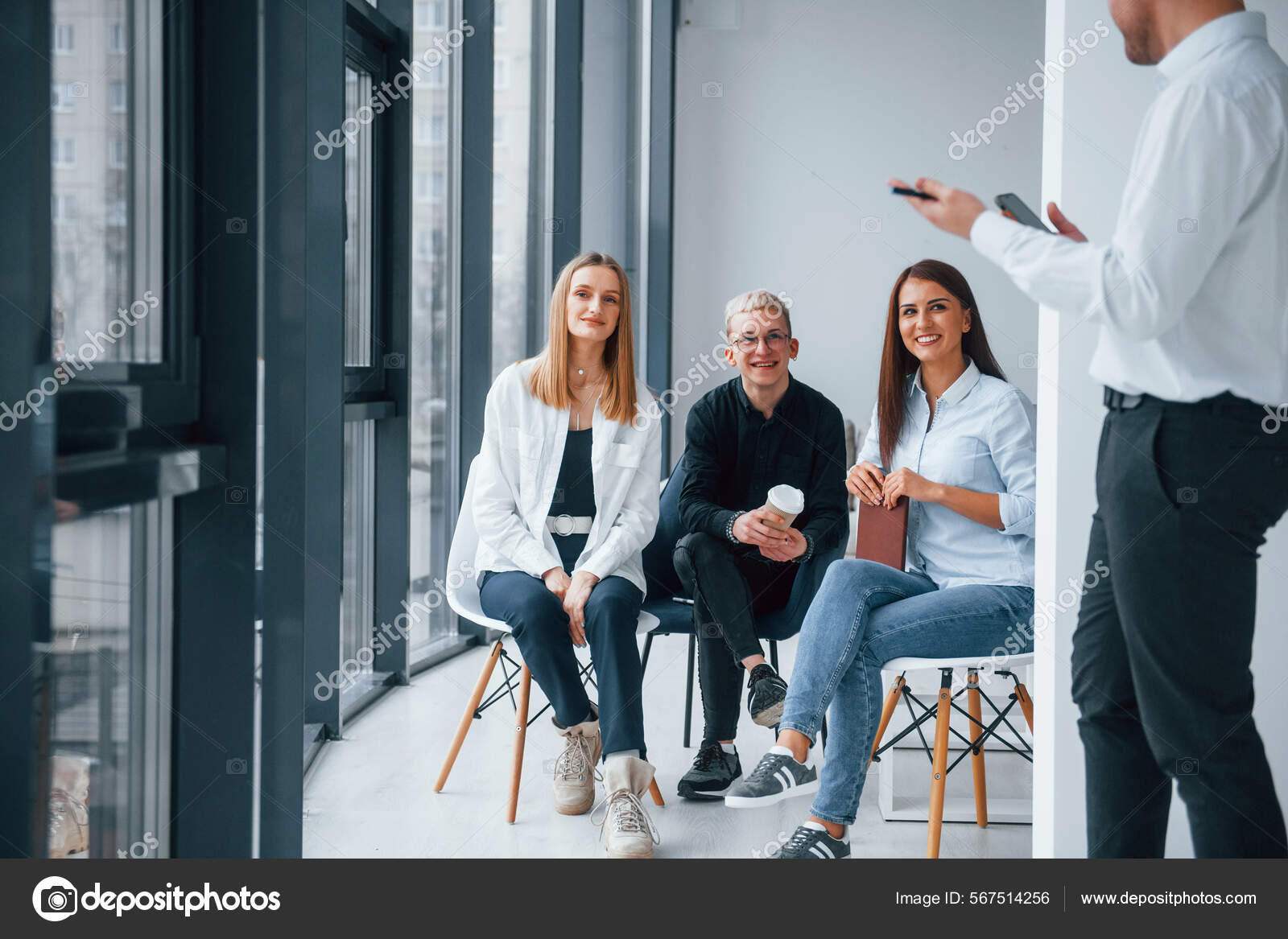 Group Young Positive Team Have Work Communicating Together Indoors ...