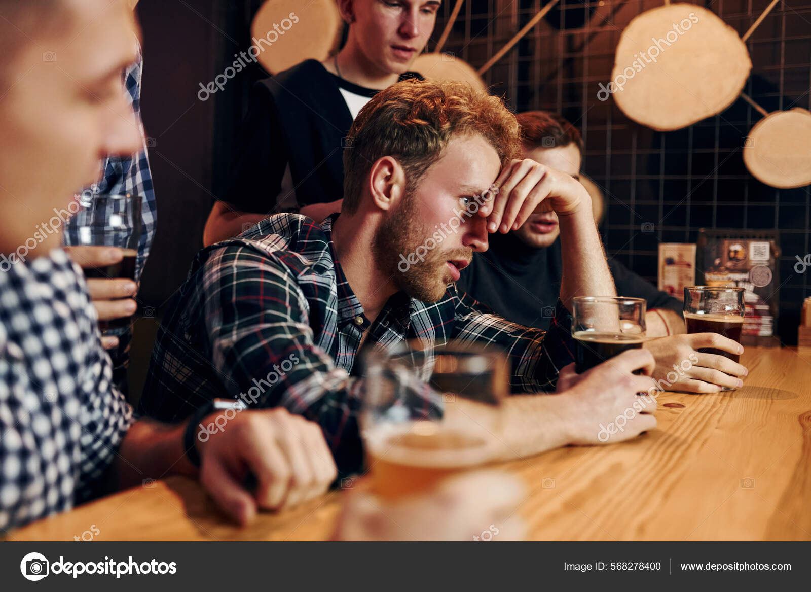 Sad Man Feels Bad Group People Together Indoors Pub Have — Stock Photo ...