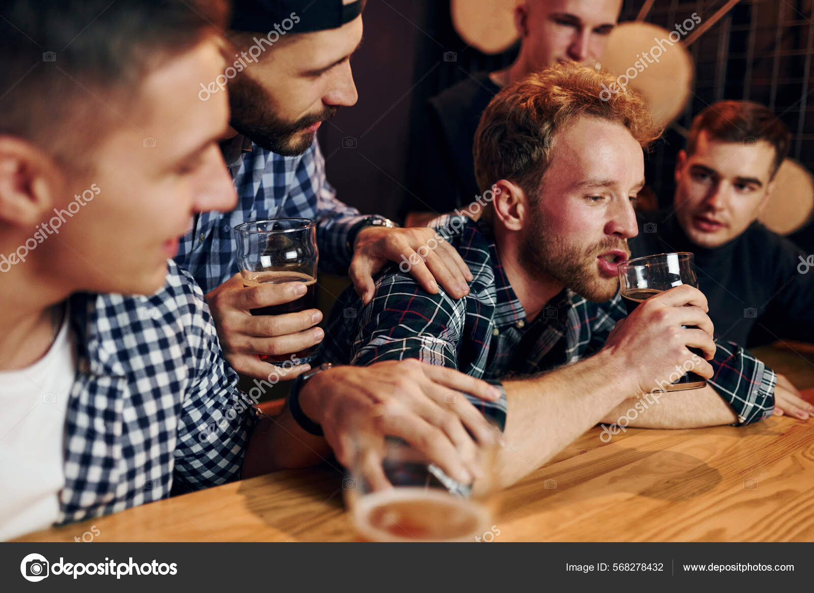 Sad Man Feels Bad Group People Together Indoors Pub Have — Stock Photo ...