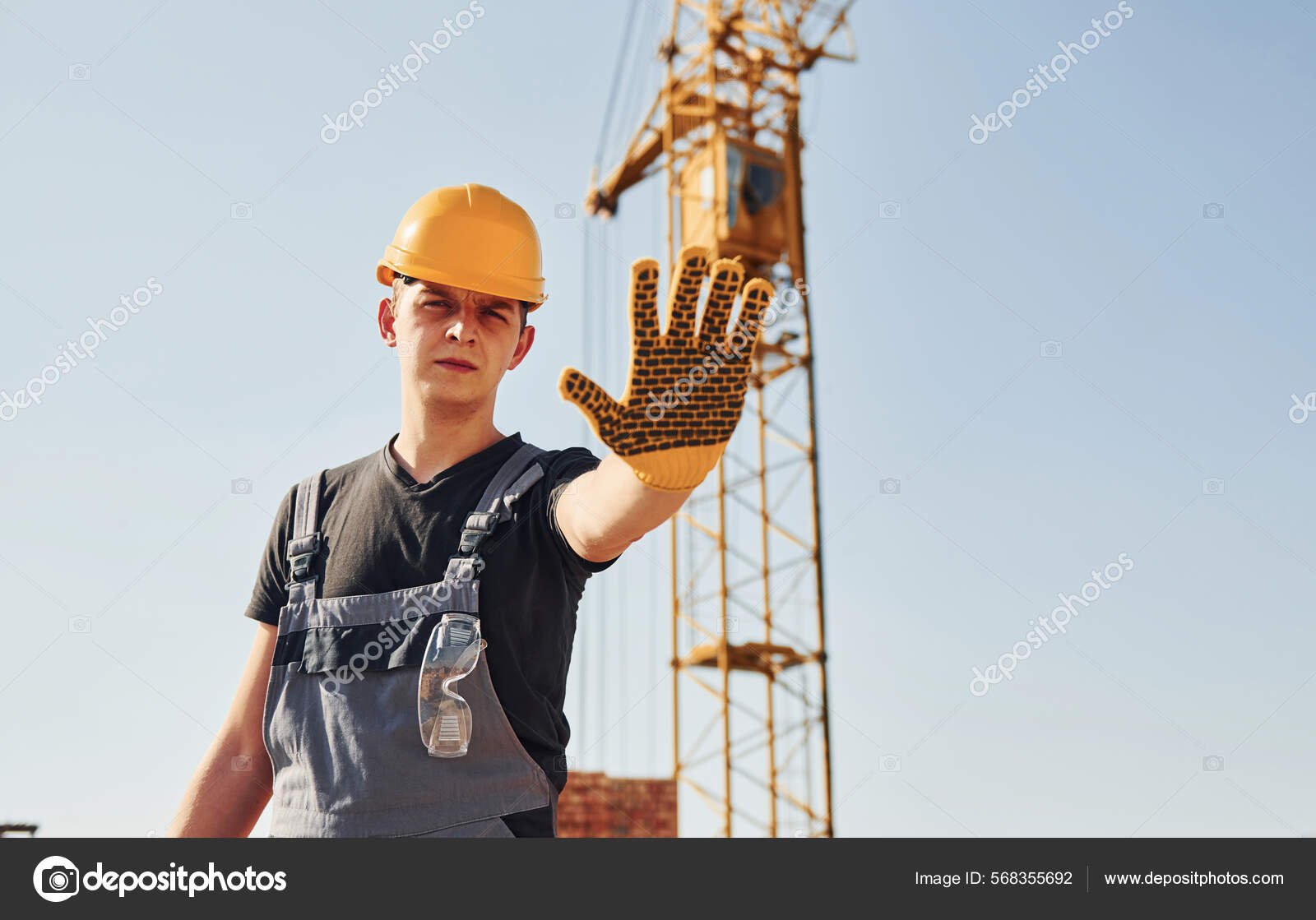Shows Stop Sign Hand Construction Worker Uniform Safety Equipment Have ...