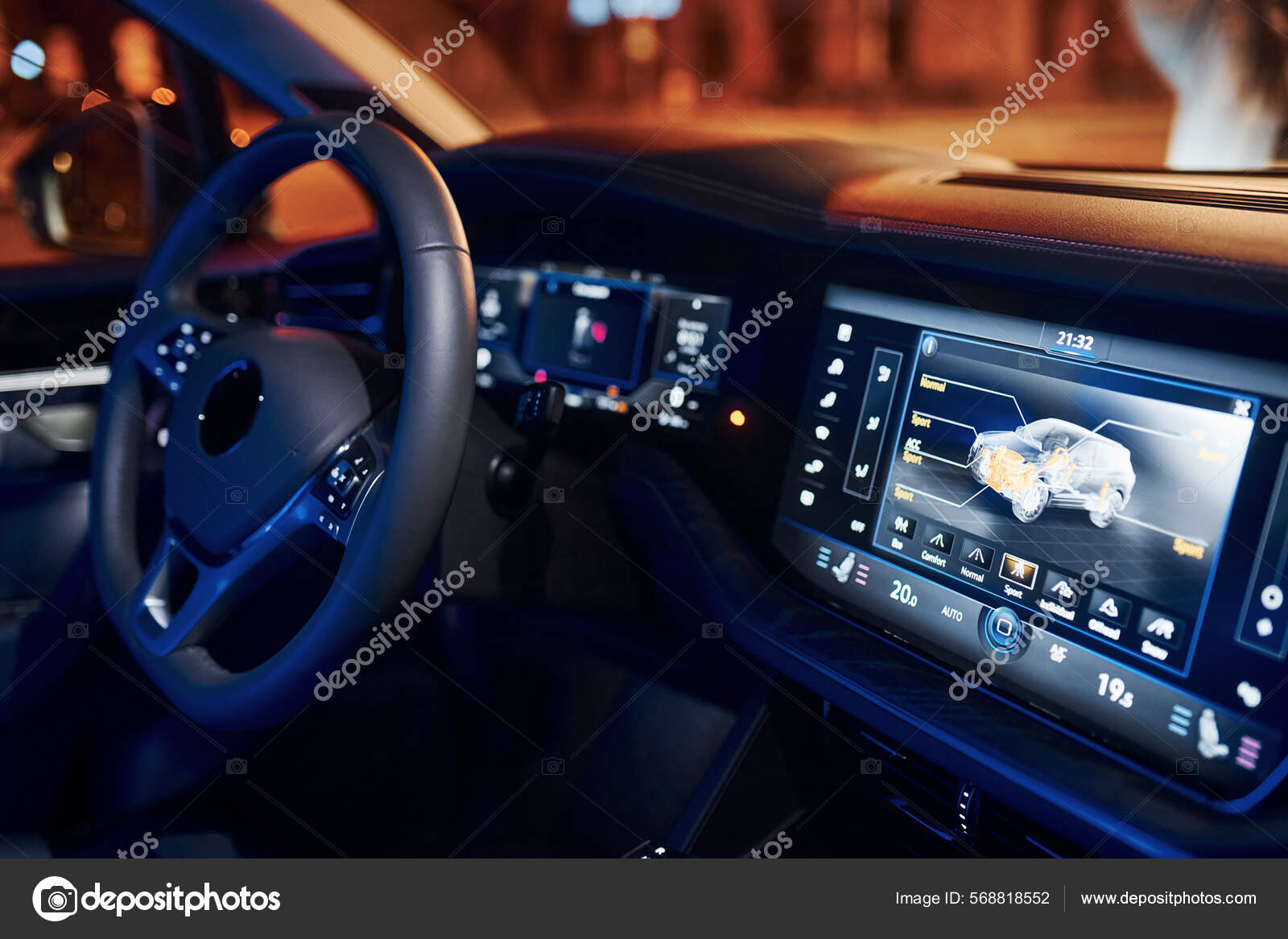 Steering Wheel Navigation Display Close View Front Park New Modern ...